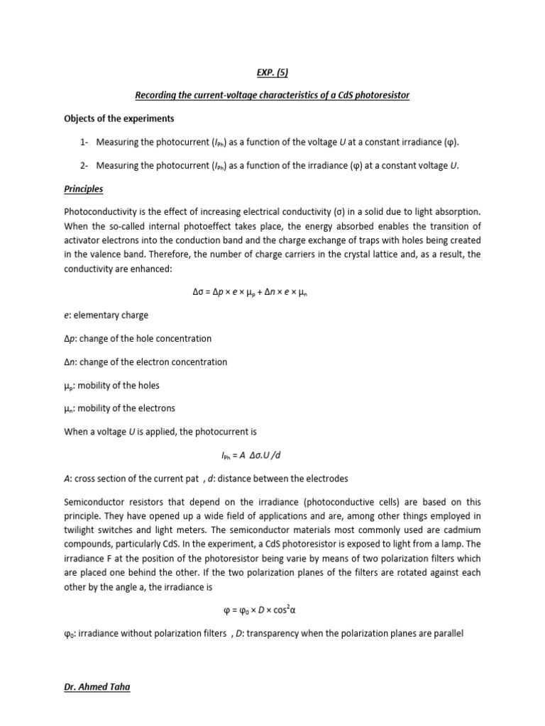 CdS Photoresistor Characteristics Analysis | PDF | Electrical ...