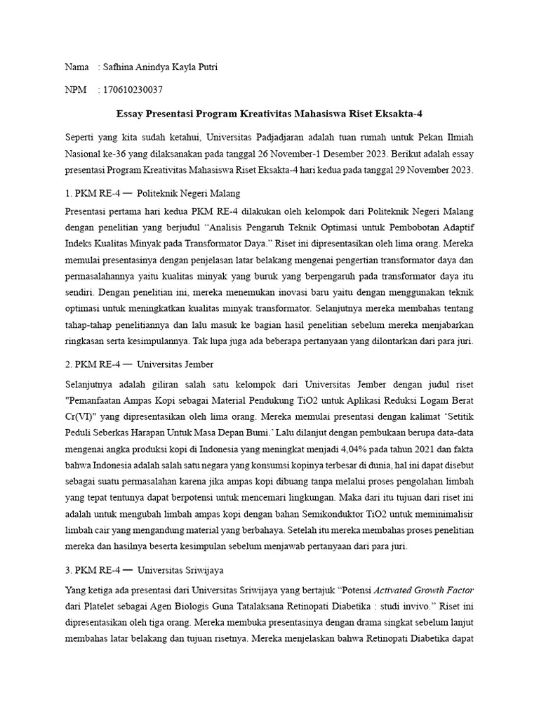 Essay Presentasi PIMNAS Ke-36 PKM RE-4 2023 | PDF | Pengembangan Diri