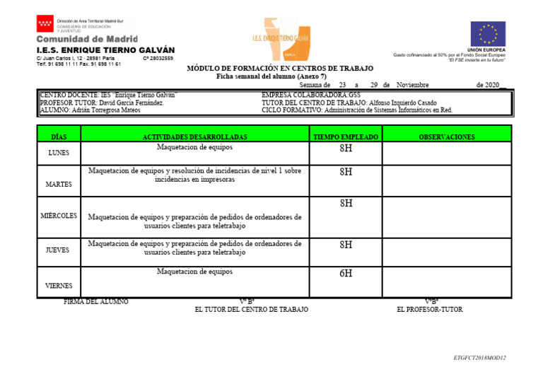 Módulo de Formación en Centros de Trabajo Ficha Semanal Del Alumno ...