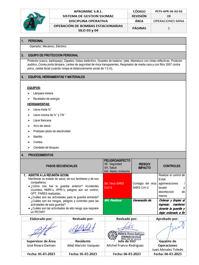 PETS-APR-SIL-02-02 Operacion de Bombas Estacionarias Silo 3 y 4 | PDF | Bomba | Agua