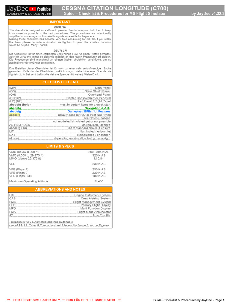 Cessna Citation Longitude Checklist | PDF | Aviation | Aircraft