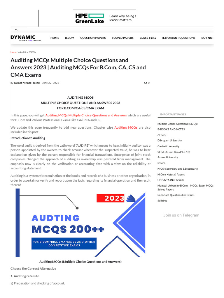 Auditing MCQs Multiple Choice Questions and Answers 2023 - Auditing MCQs For B.Com, CA, CS and ...