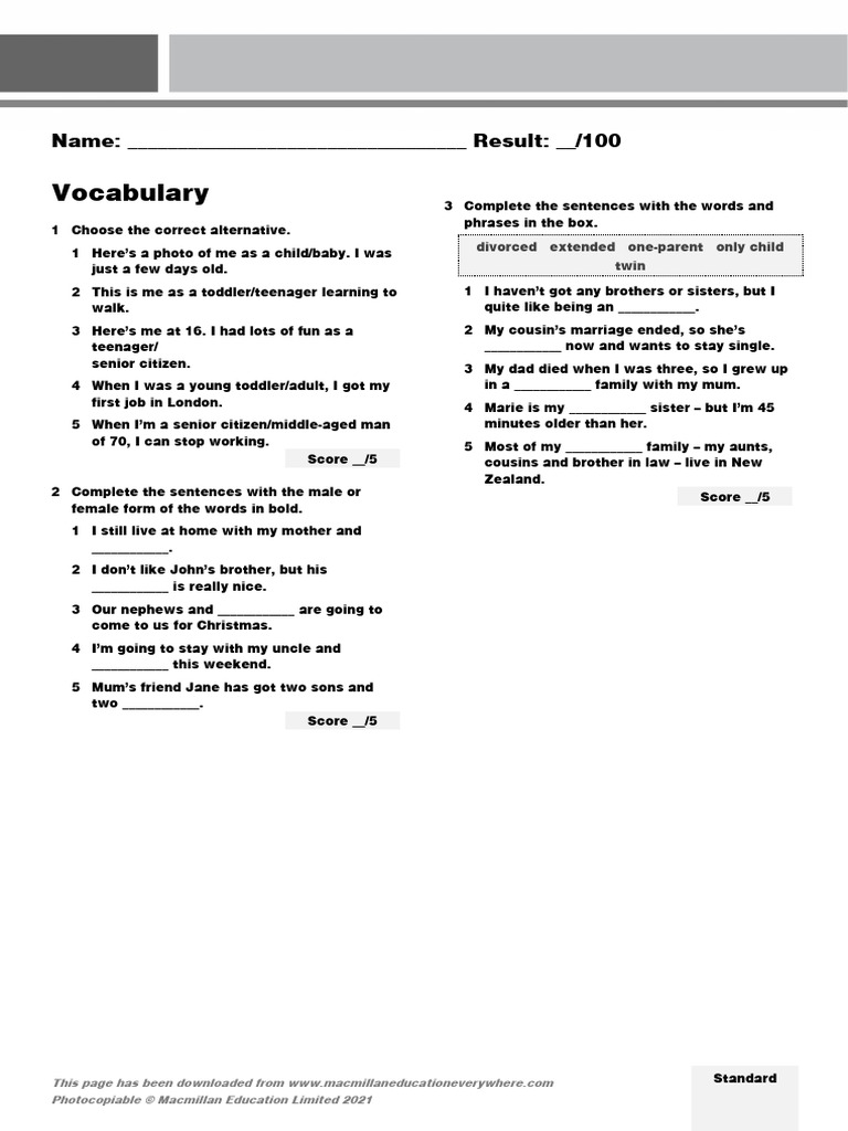 B1 U1 Test Standard Pdf Toddler