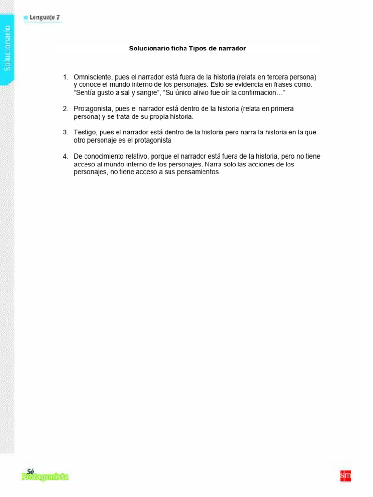 Solucionario Ficha Tipos de Narrador | PDF Solucionario Ficha Tipos de Narrador | PDF