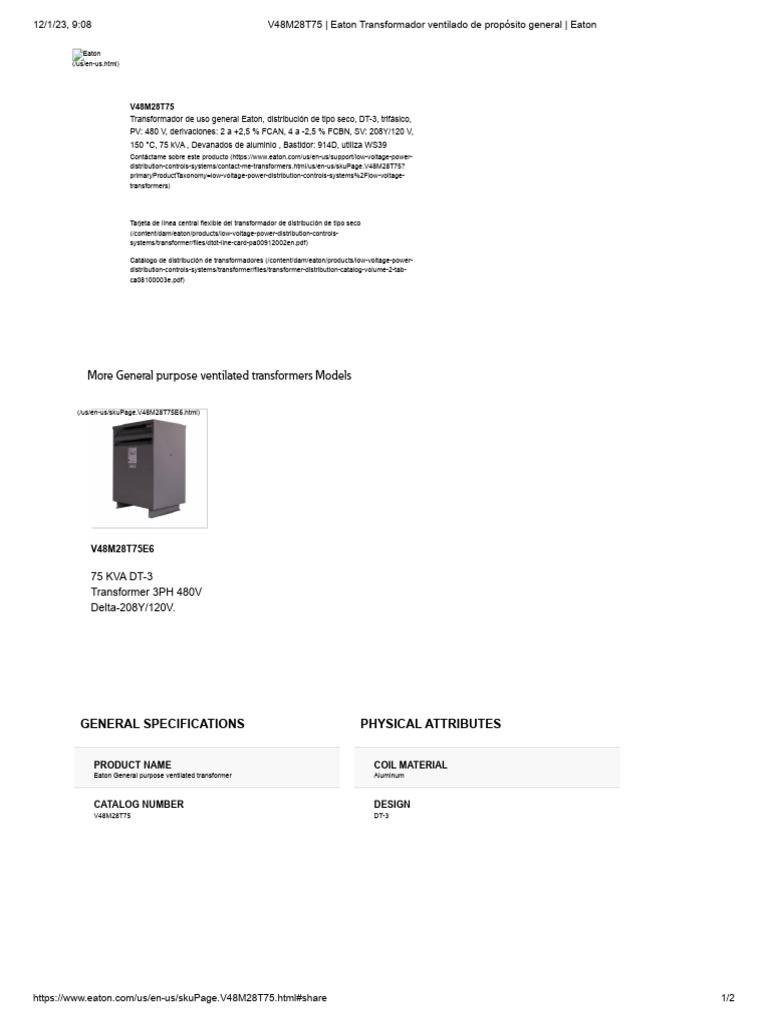 Eaton 75 kVA Dry-Type Transformer | PDF | Transformer | Power (Physics)