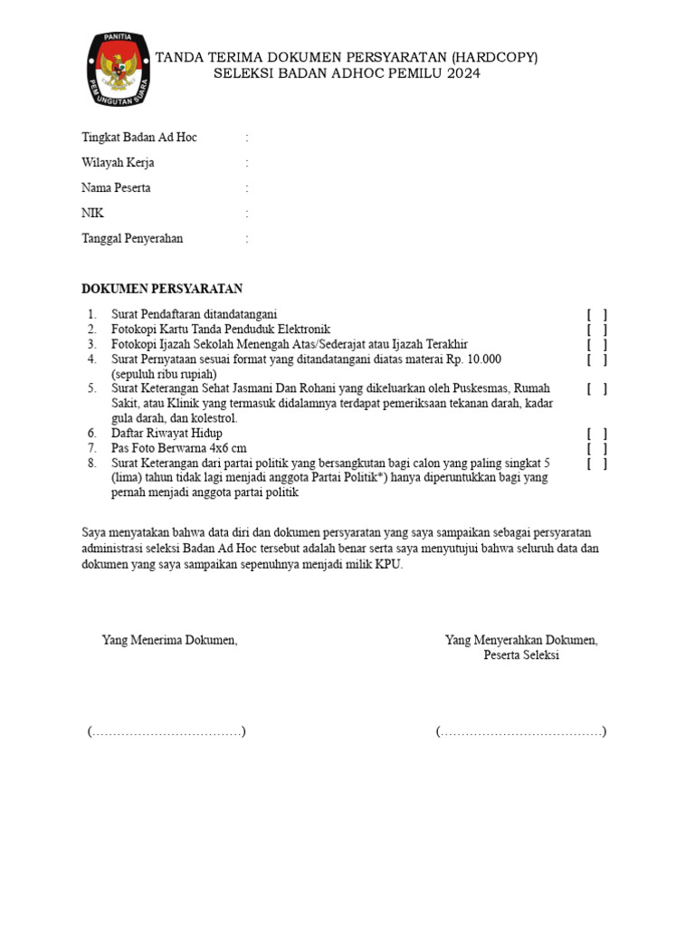 Tanda Terima Dokumen Ceklish | PDF
