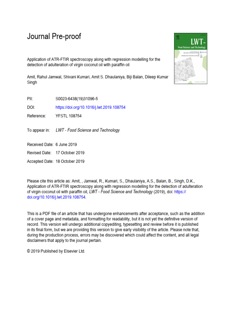 Application Of Atr Ftir Spectroscopy Along With Regression Modelling For The Detection Of