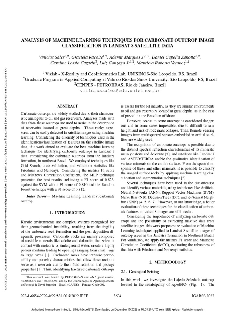 Analysis of Machine Learning Techniques For Carbonate Outcrop Image Classification in Landsat 8 ...