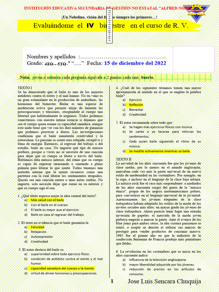 EXAMEN IV BIM - 4TO - 5TO - GRADO - RV I | PDF | Amor | Sangre
