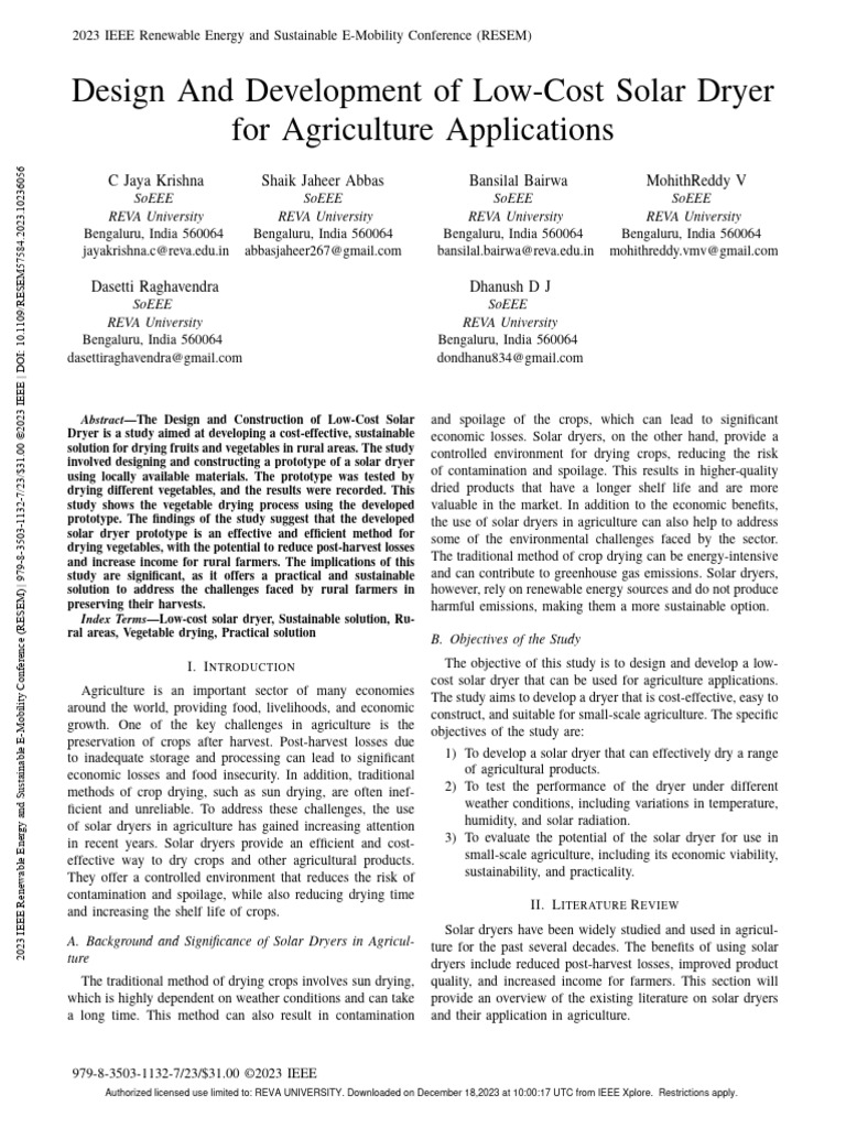 Design and Development of Low-Cost Solar Dryer For Agriculture Applications | Download Free PDF ...