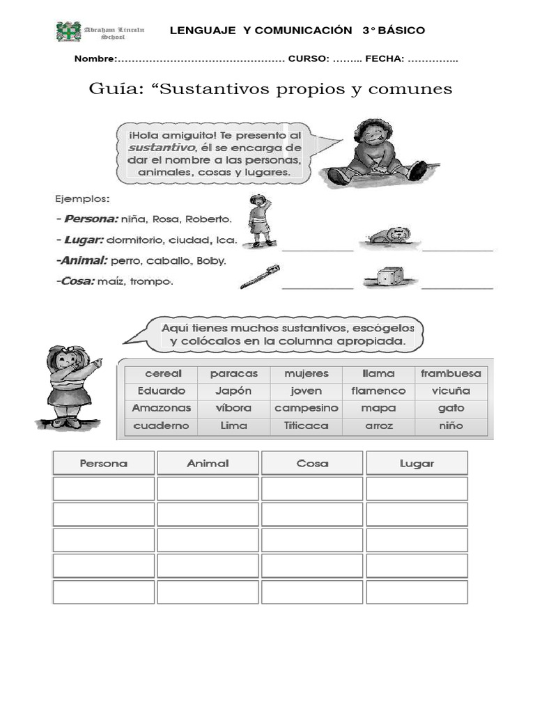 guia lenguaje sustantivos propios y comunes 3 basico 2020 | PDF