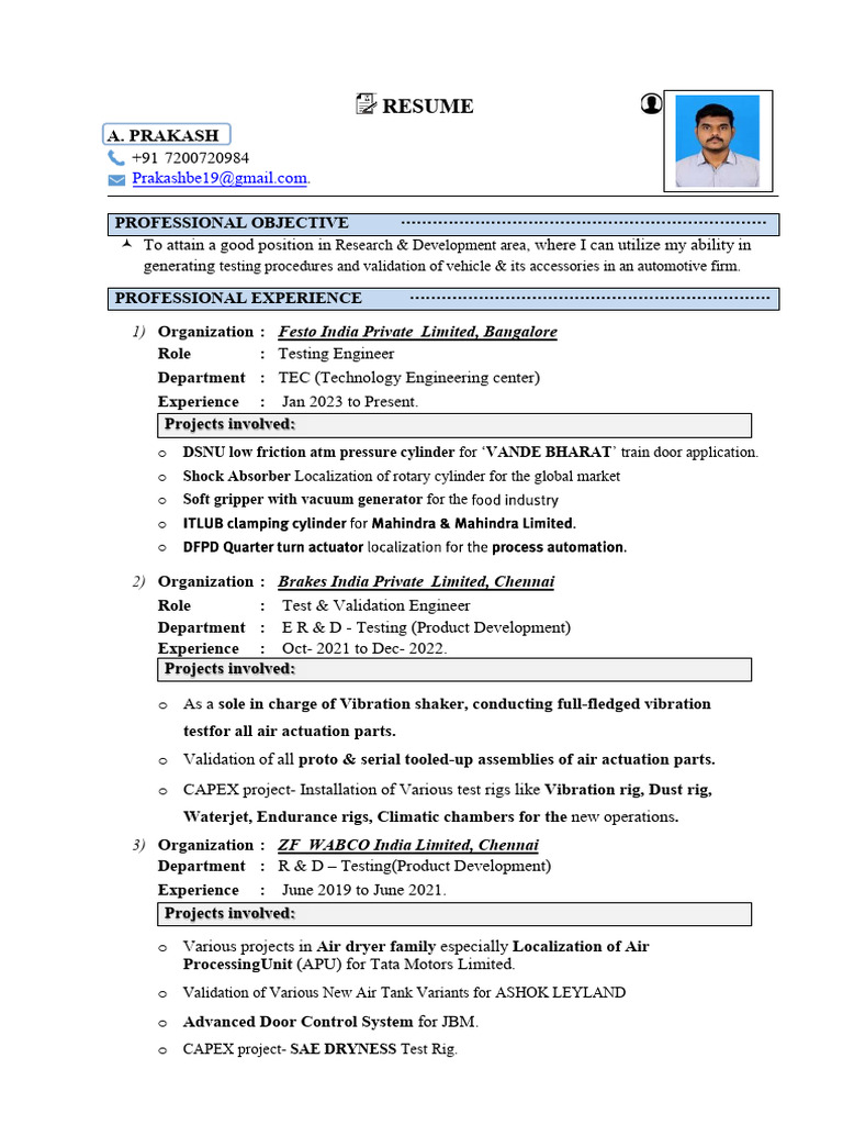 PRAKASH A - 4yrs Updated Resume | Download Free PDF | Actuator | Brake