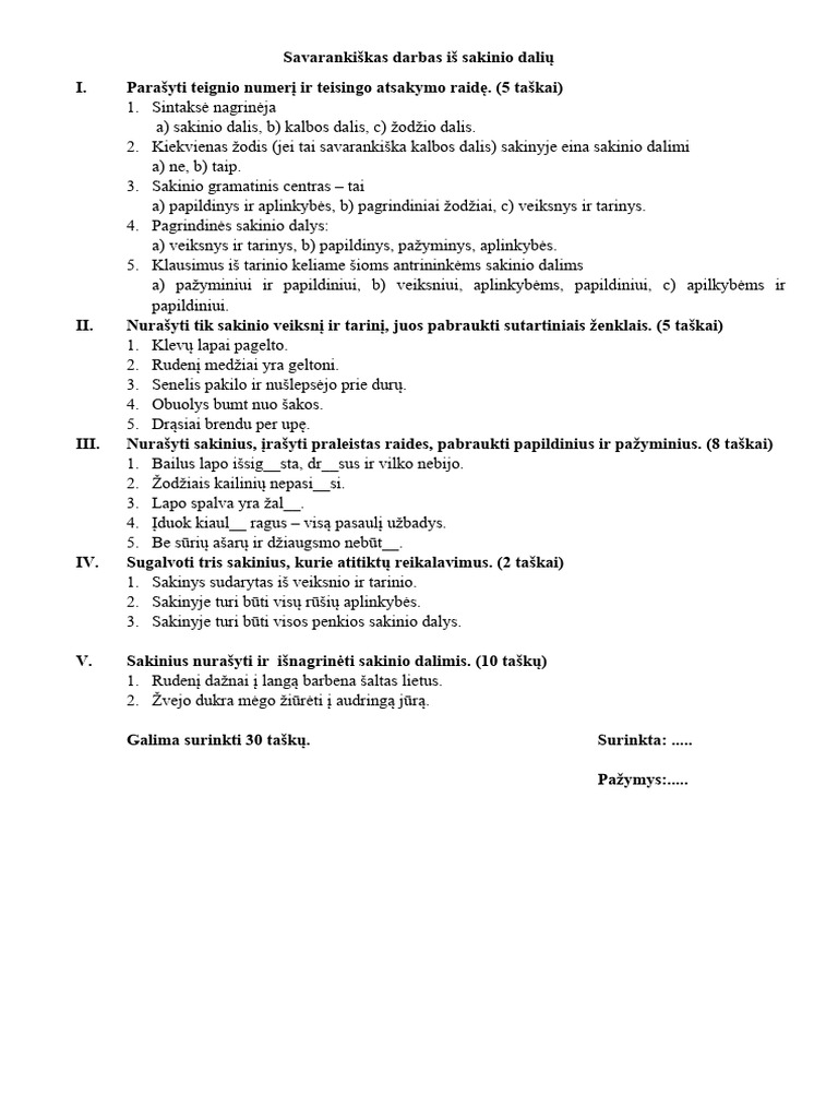 Savarankiškas Darbas - Sakinio Dalys | PDF