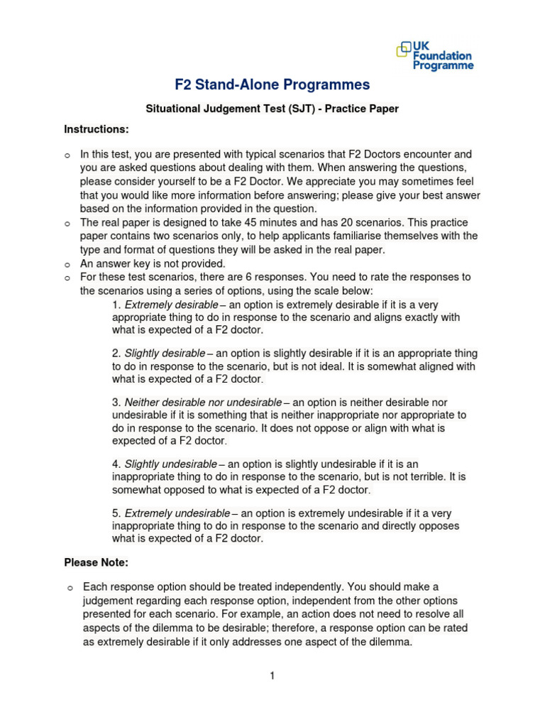 F2 Stand-Alone SJT Practice Scenarios | PDF | Psychology | Health Care