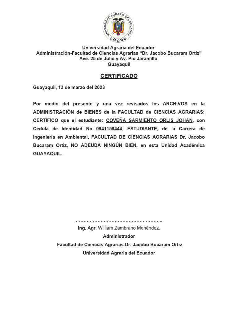 Certificado de No Adeudo de Bienes | PDF | Salud y bienestar | Ciencia y matemáticas