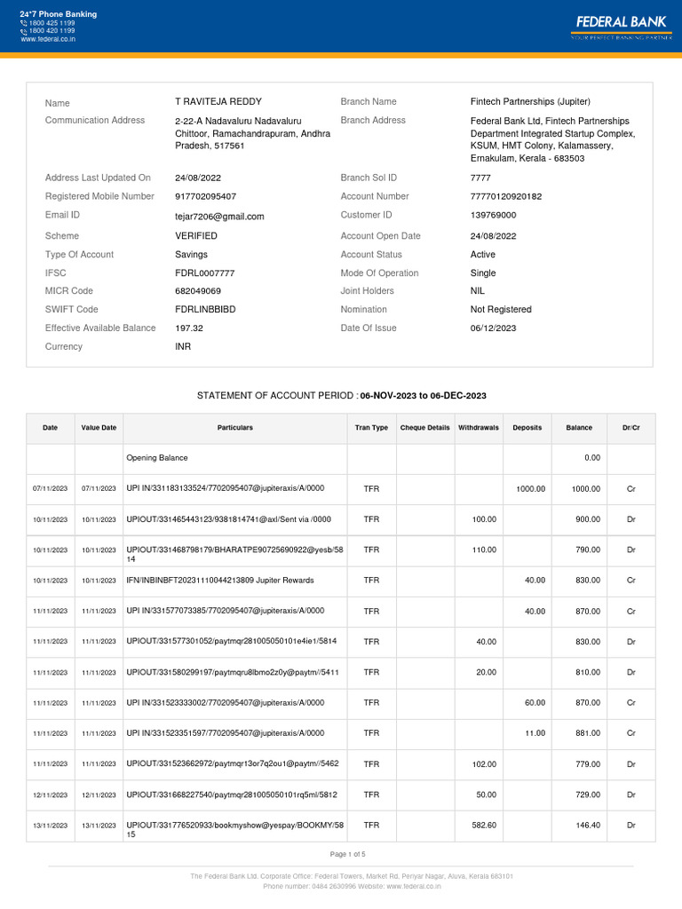 Federal Bank Savings Account Statement | PDF | Payments | Banks