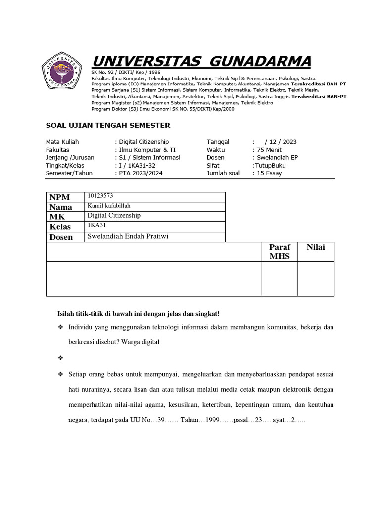 Soal UTS Digital Citizenship PTA 2023 - 2024 Karawaci | PDF | Seni | Komputer
