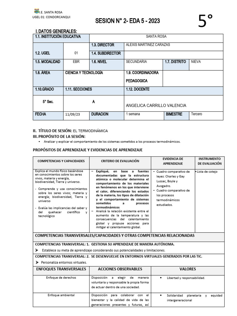 5°SESION Semana 2 Explica EDA 5 CYT 2023 Santillana | Descargar gratis PDF | Termodinámica | Gases