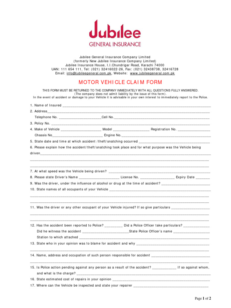 Motor Claim Form | PDF | Insurance | Transport