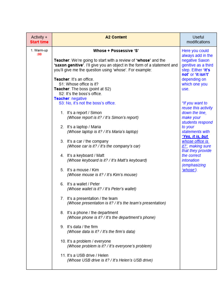 A2 - 60 Min Class Plan (June 2020) | PDF