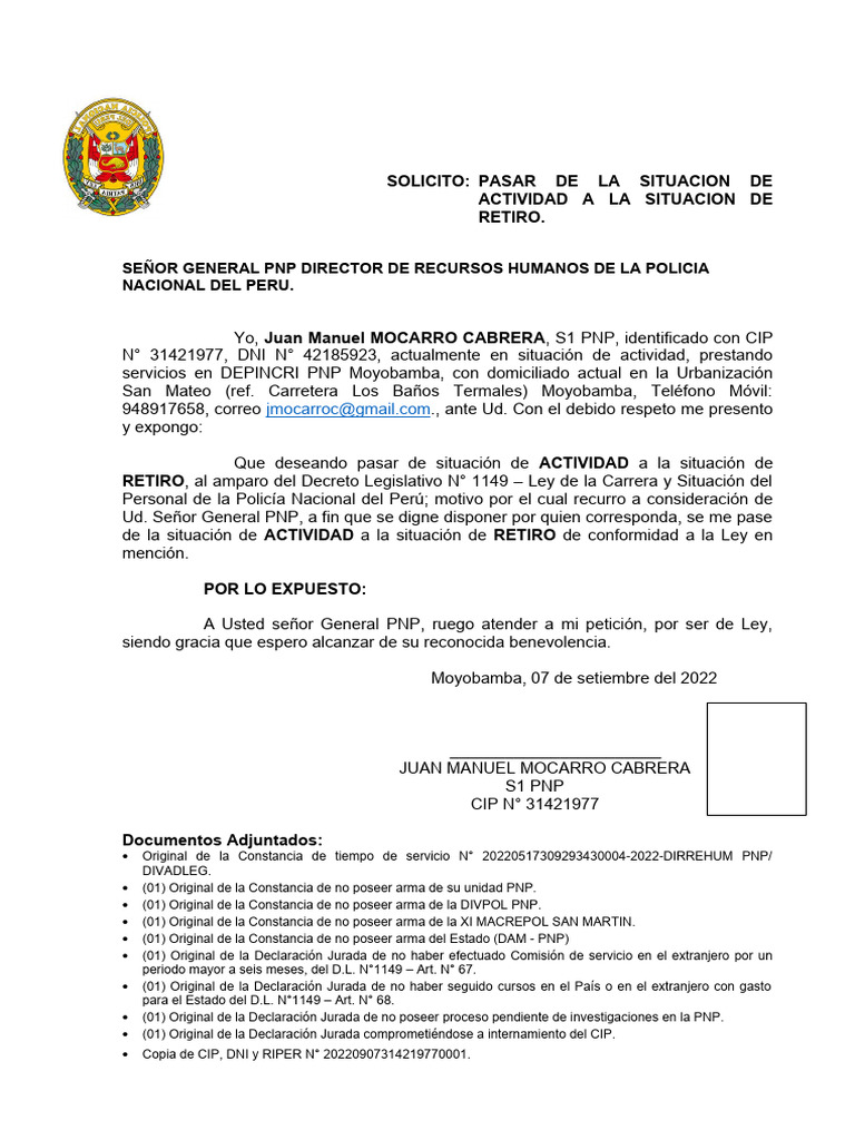 Solicitud Pase A La Situacion de Retiro PNP | PDF | Gobierno