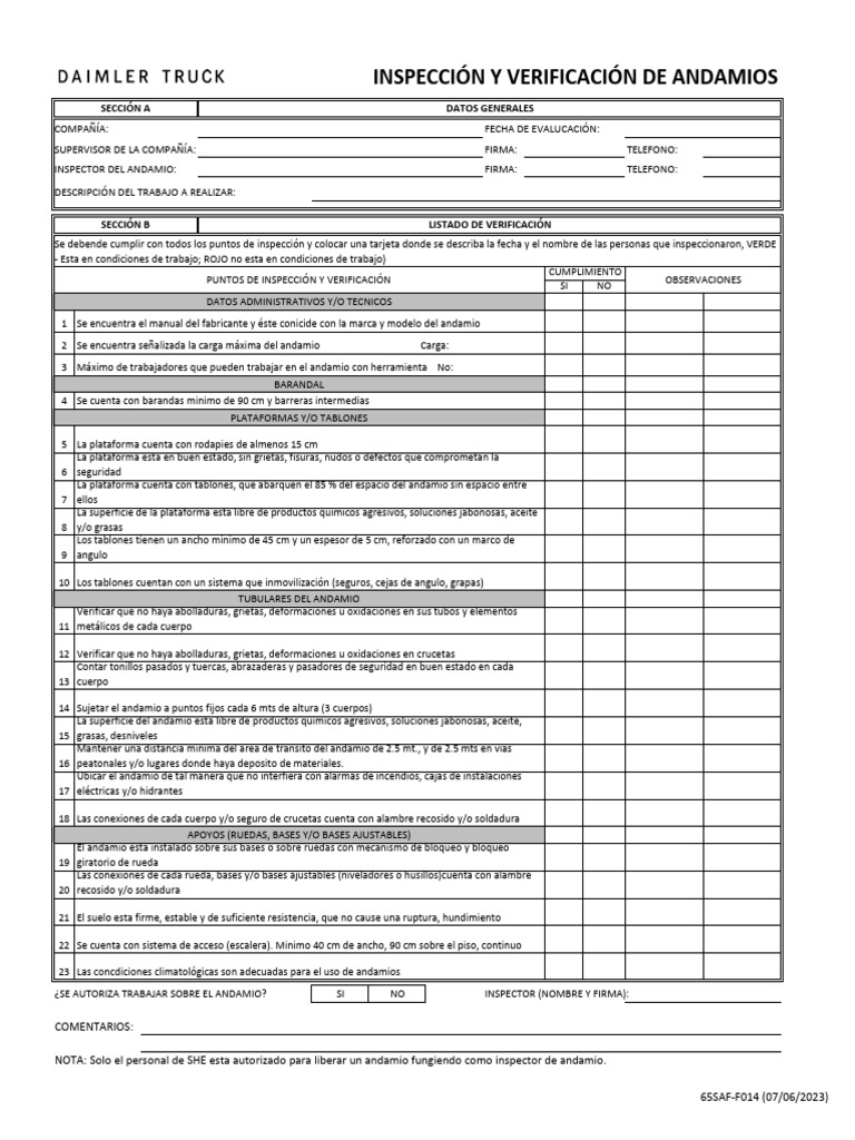65SAF-F014 Check List de Inspección de Andamios1 | PDF | Andamio ...