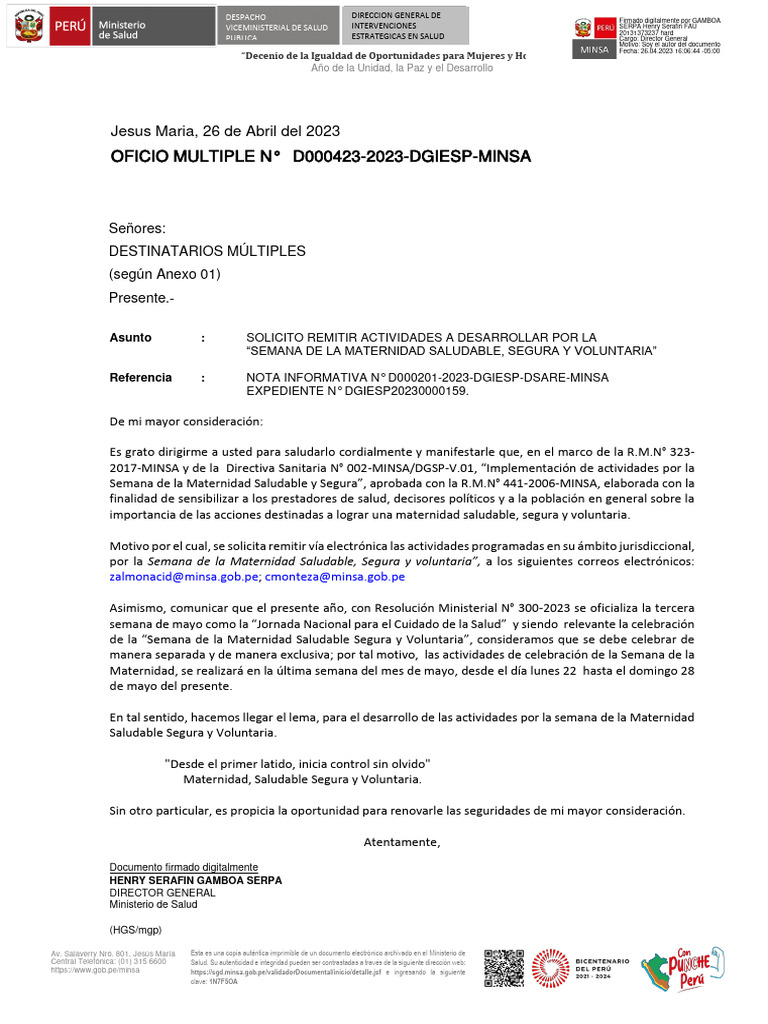 oficio a ESSALUD fuerzas armadas OFICIO MULTIPLE-000423-2023-DGIESP | PDF