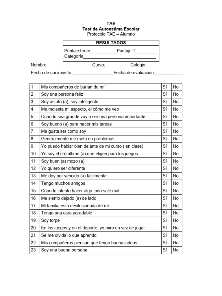 TAE Test de Autoestima Escolar Aplicar A Un Niño de 8 A 12 Años Por ...