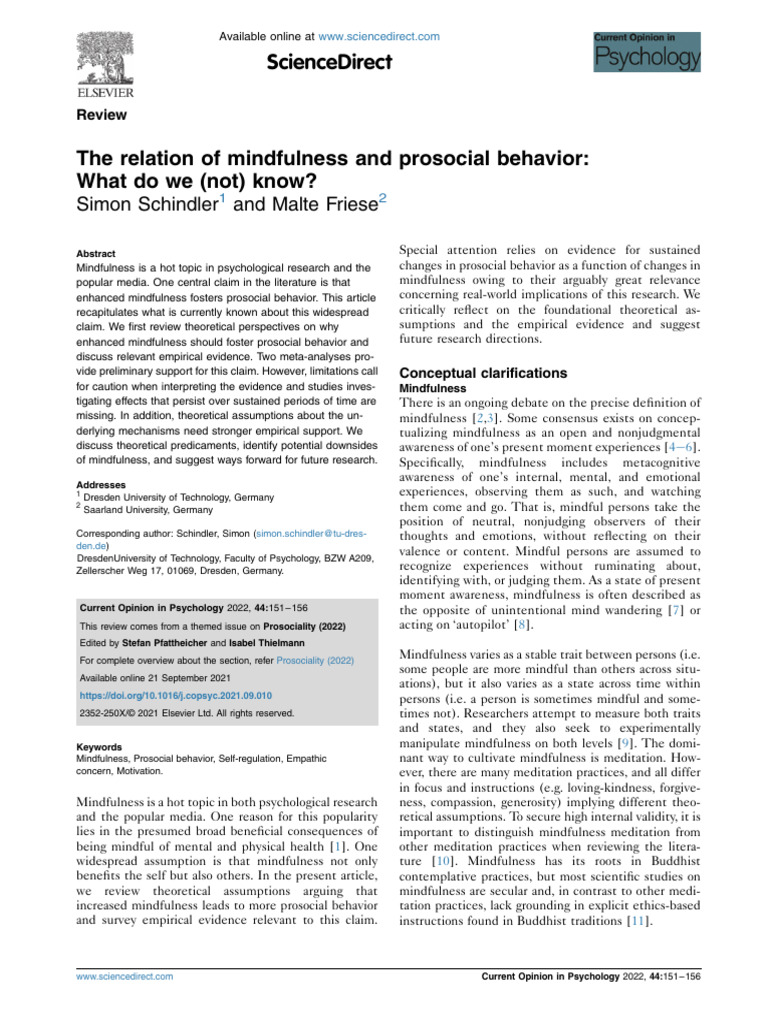 Schindler 2022 Mindfulness and Proscoial Behaviour | PDF