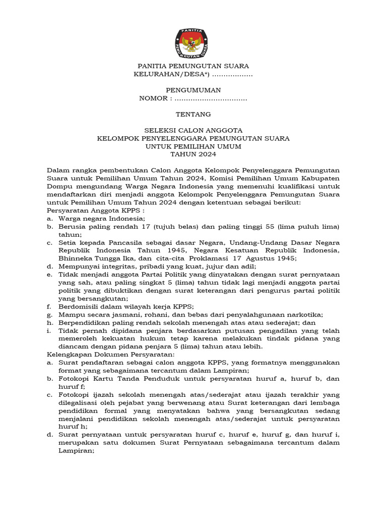 Pendaftaran Anggota KPPS 2024 | PDF