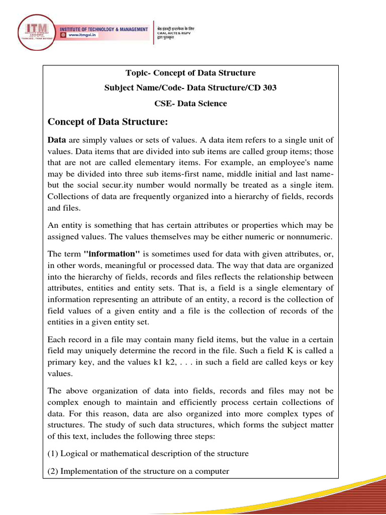 L1 - CD 303 Concept of Data Structure | PDF | Data | Conceptual Model