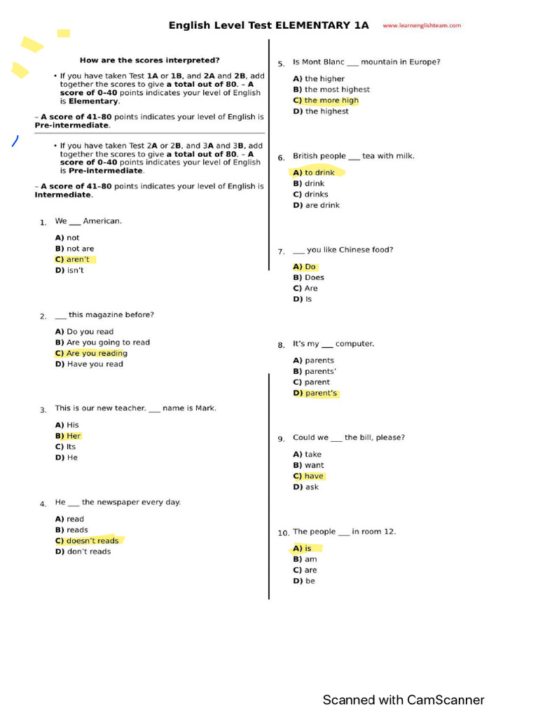 1 - English Level Test Elementary A1 Learn | PDF