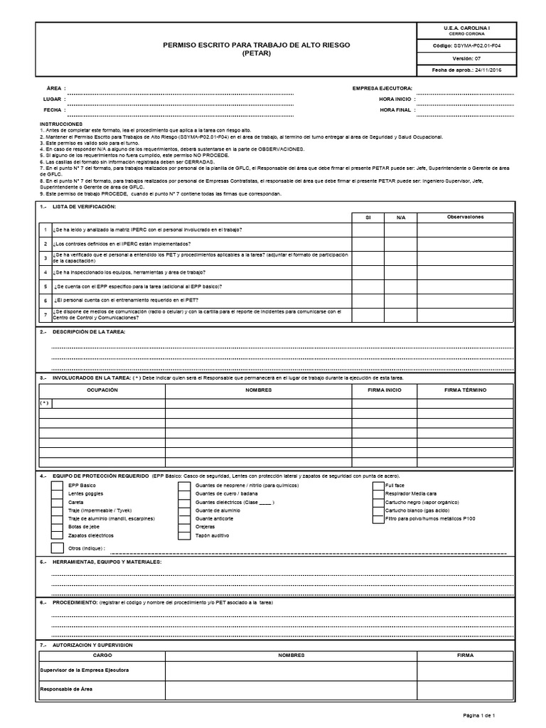 Permiso Escrito para Trabajo de Alto Riesgo (PETAR) V7 | PDF