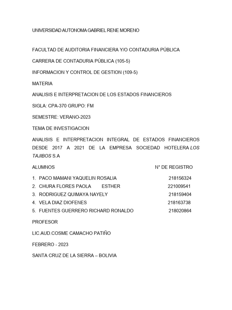 INFORME DE LA EMPRESA HOTELERA LOS TAJIBOS SA | PDF | Hotel | Bolivia