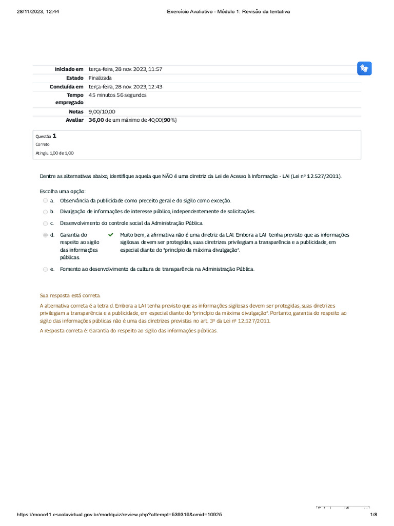 Exercício Avaliativo - Módulo 1 - Revisão Da Tentativa | PDF