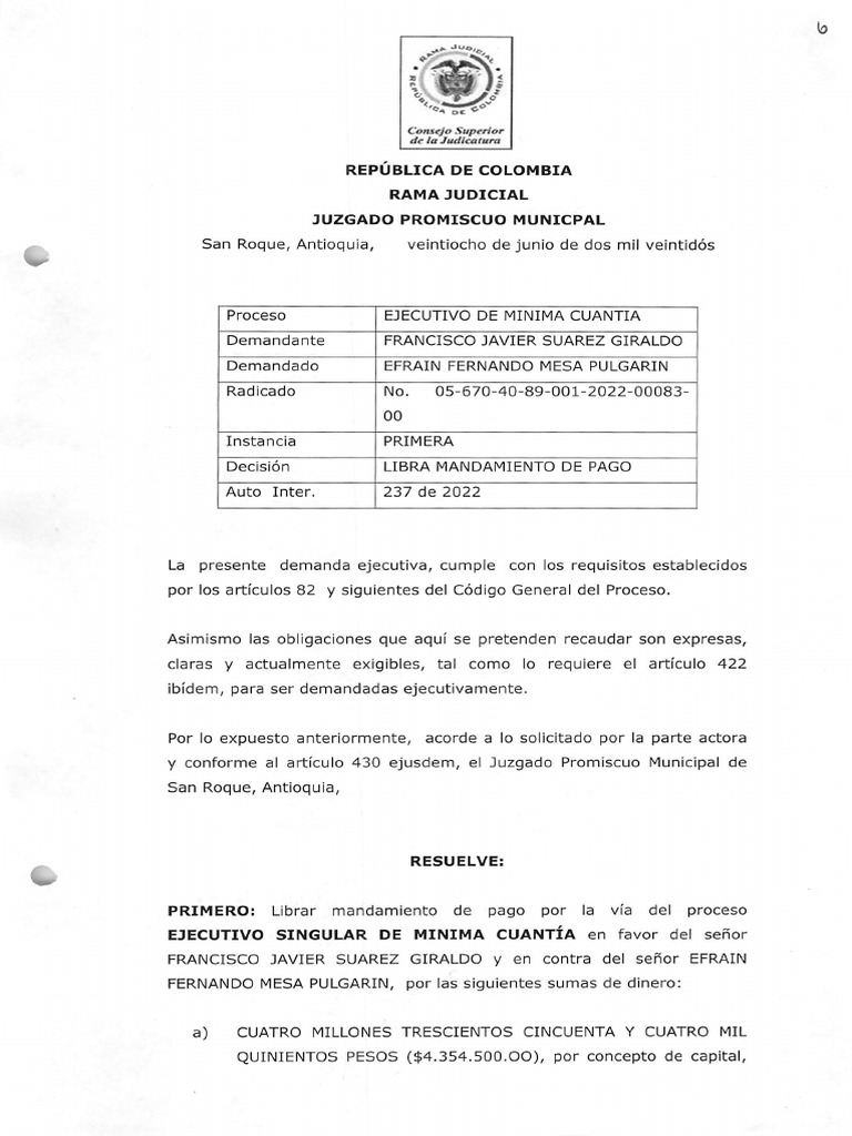2022-00083 Mandamiento de Pago | PDF