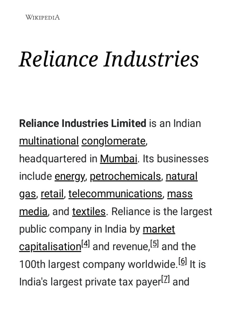 Reliance Industries - Wikipedia | PDF | Economies | Companies