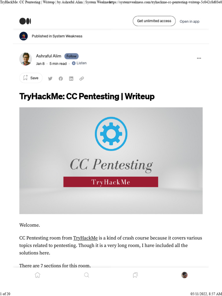 TryHackMe CC Pentesting Writeup by Ashraful Alim System Weakness | PDF ...
