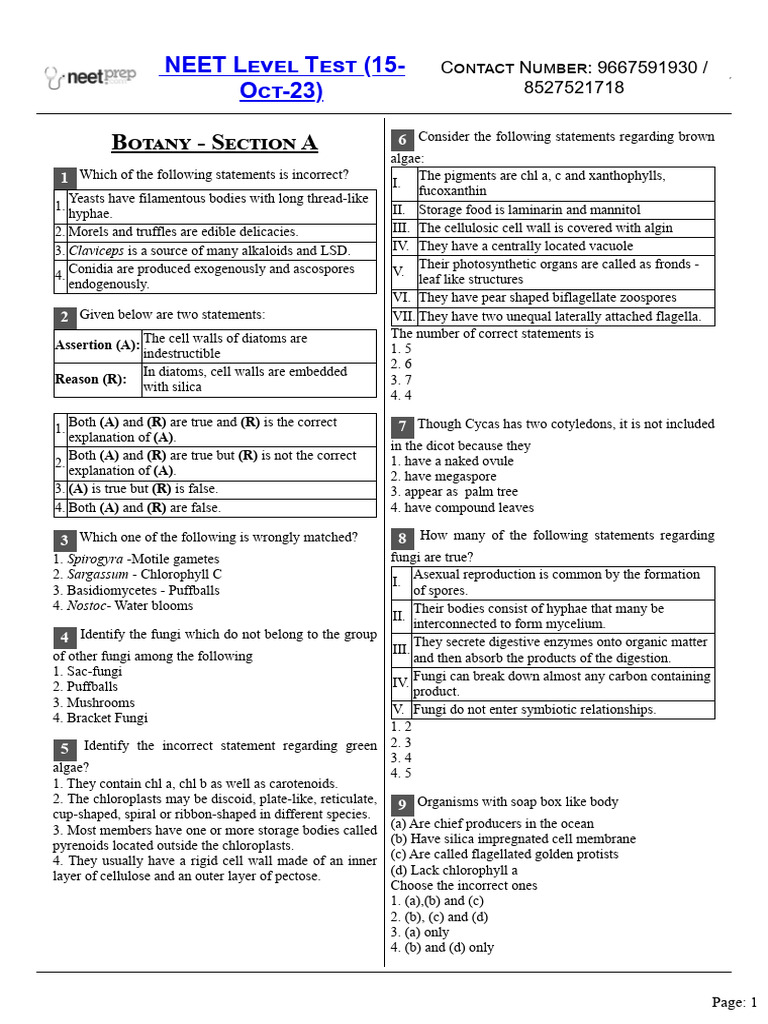 NEET Botany Practice Questions | PDF | Fungus | Spore