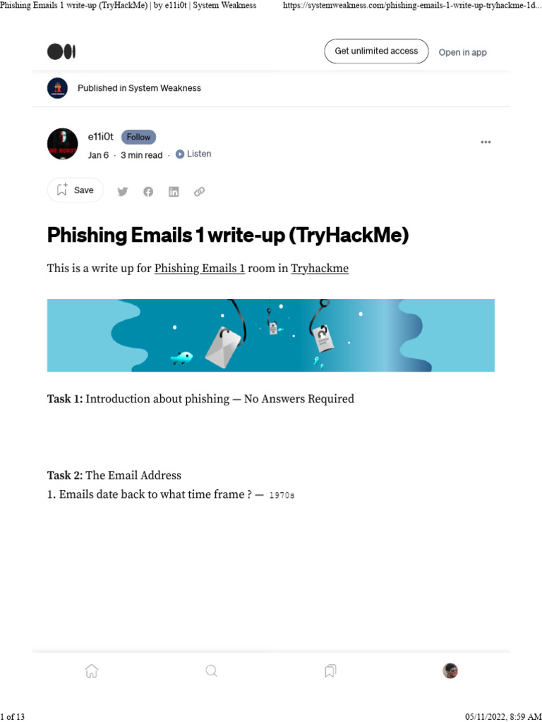 Phishing Emails 1 Write-Up (TryHackMe) by E11i0t System Weakness | PDF | Internet | Cyberspace
