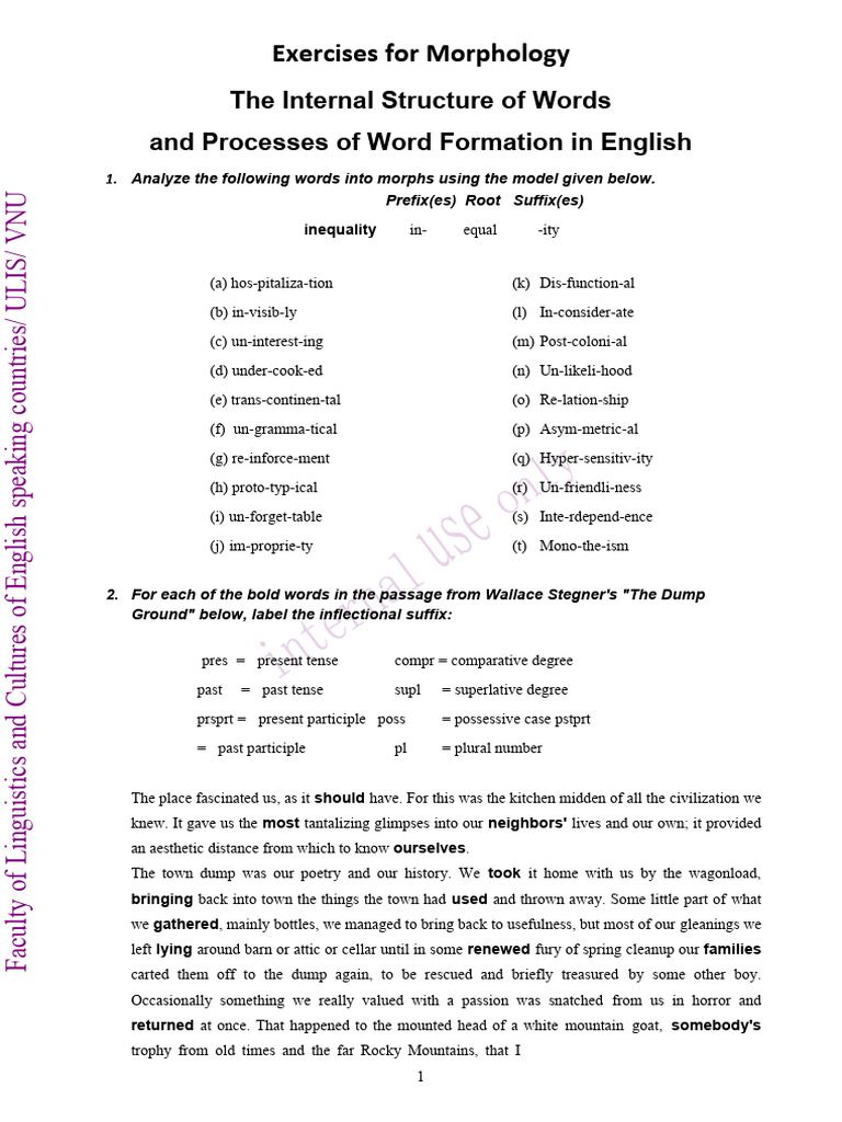 Exercises For Morphology | Download Free PDF | Morphology (Linguistics) | Word