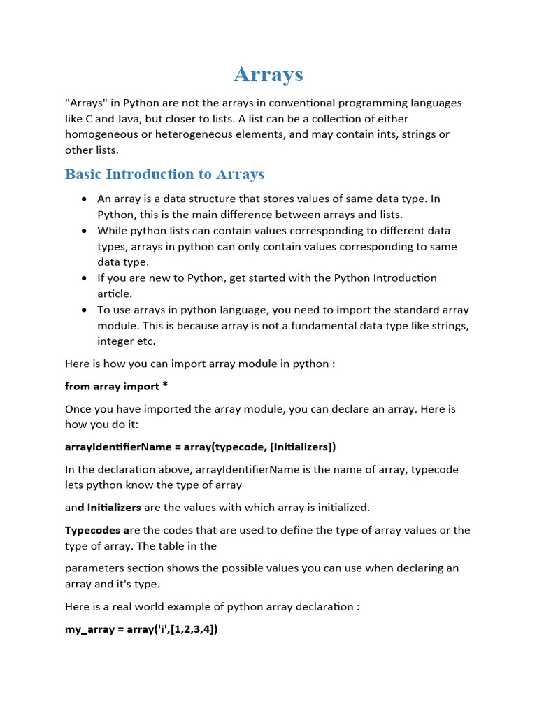 Python Arrays | PDF | Data Type | Integer (Computer Science) Python Arrays | PDF | Data Type | Integer (Computer Science)