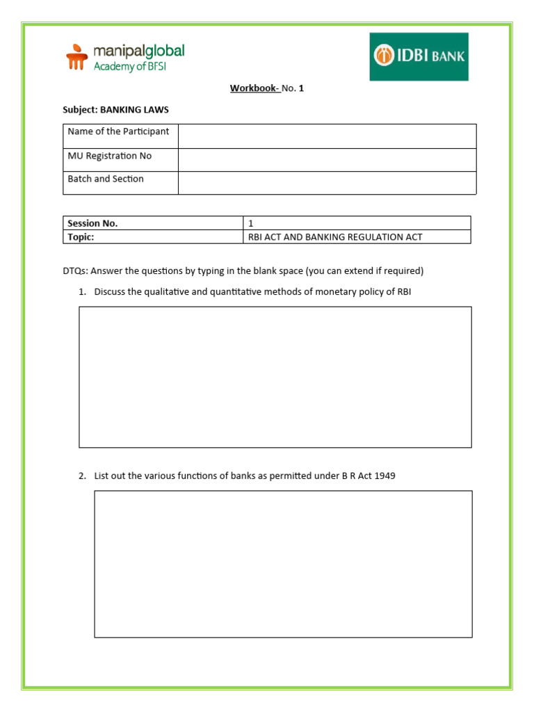 S 1 - Workbook - Rbi Act and BR Act | PDF | Reserve Bank Of India | Banks