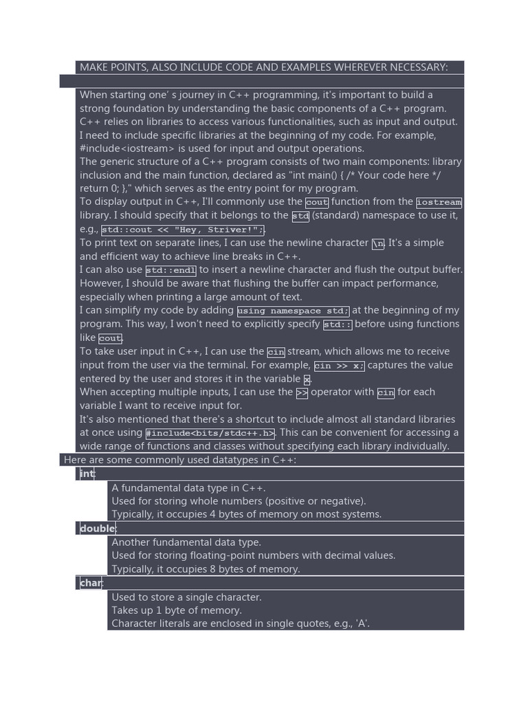 Cout Iostream STD Std::cout "Hey, Striver!" /N Std::endl | PDF | C++ | Data Type