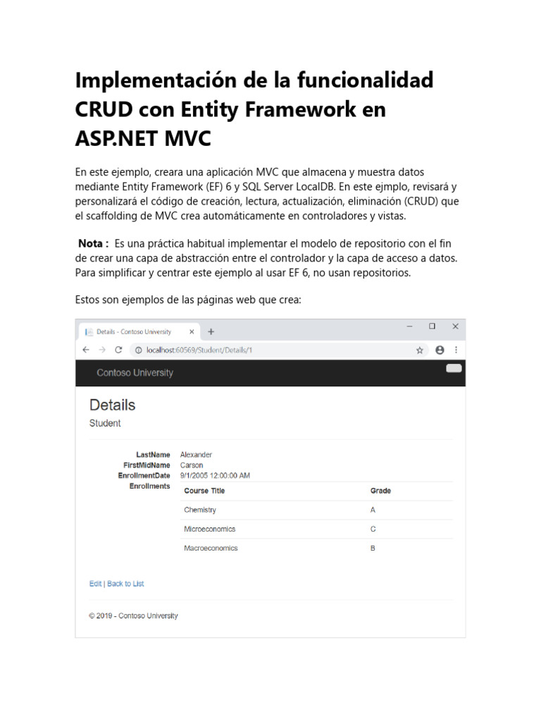 Implementación De La Funcionalidad Crud Con Entity Framework En Asp Net Mvc Pdf Sql