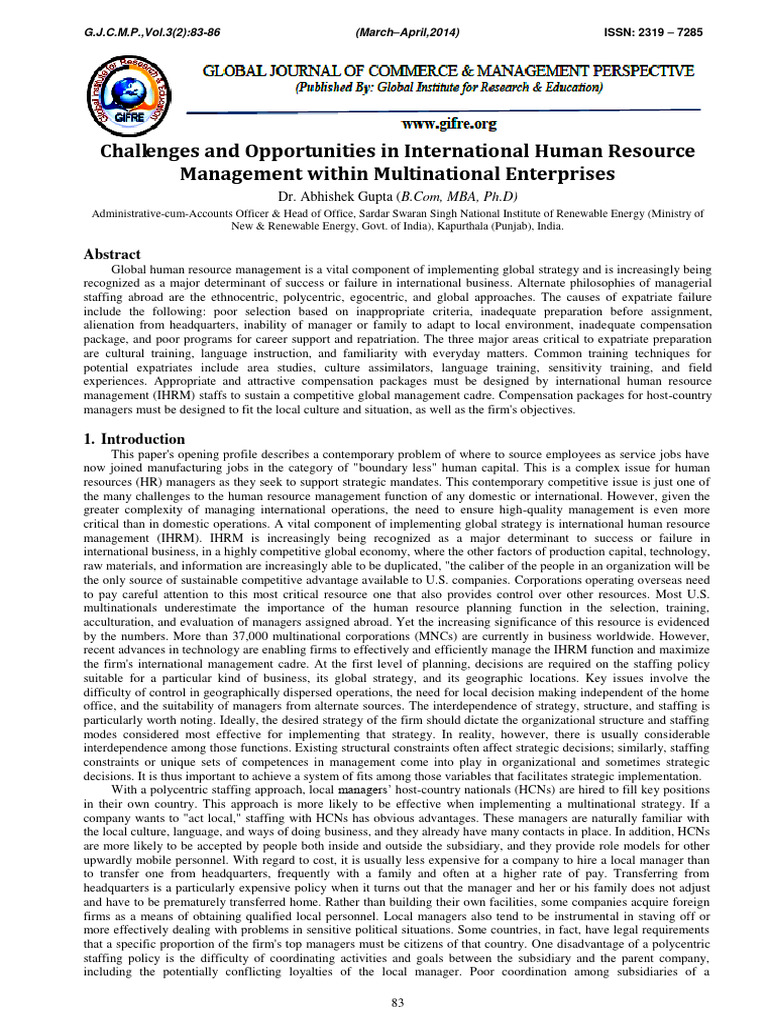Challenges and Opportunities in International Human Resource Management ...