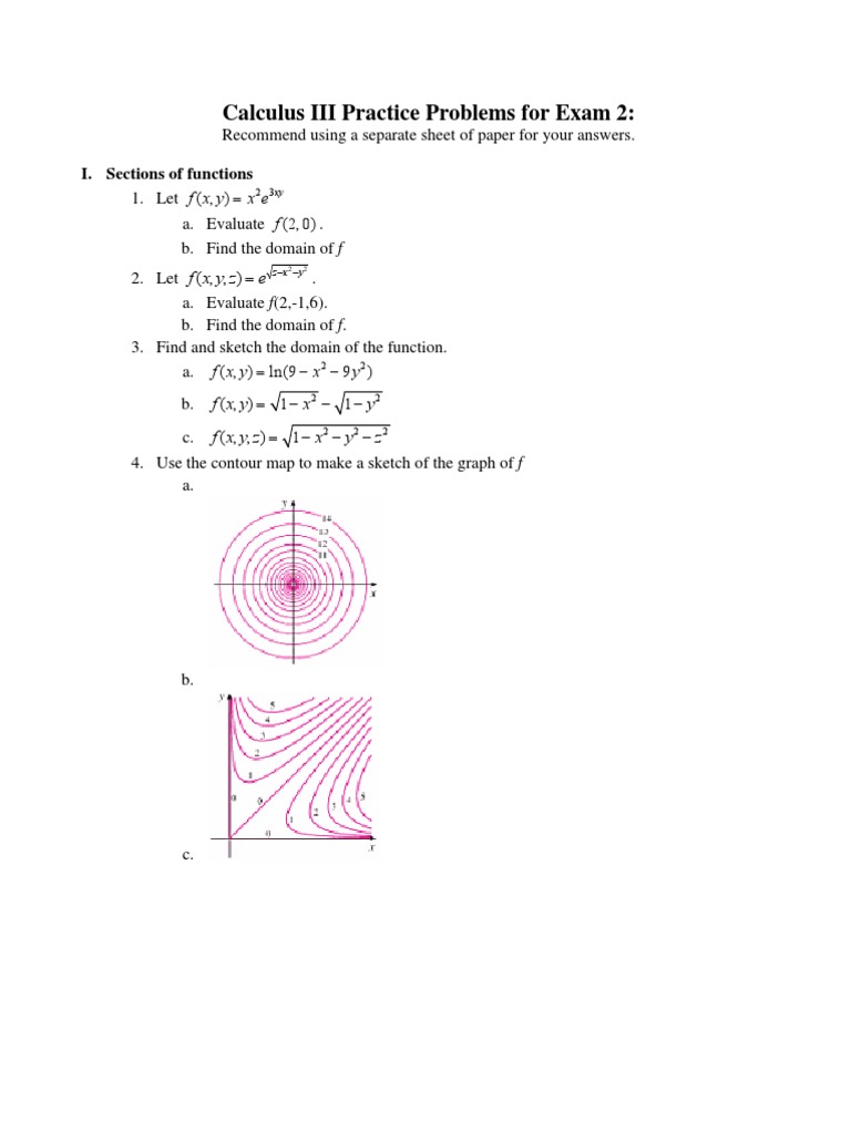 Calculus III Practice Problems For Exam 2:: I. Sections of Functions | Download Free PDF ...