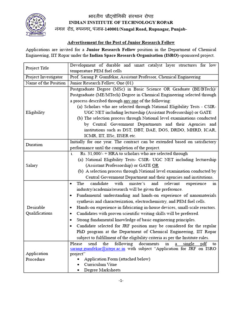 ISRO Recruitment JRF ChE | PDF