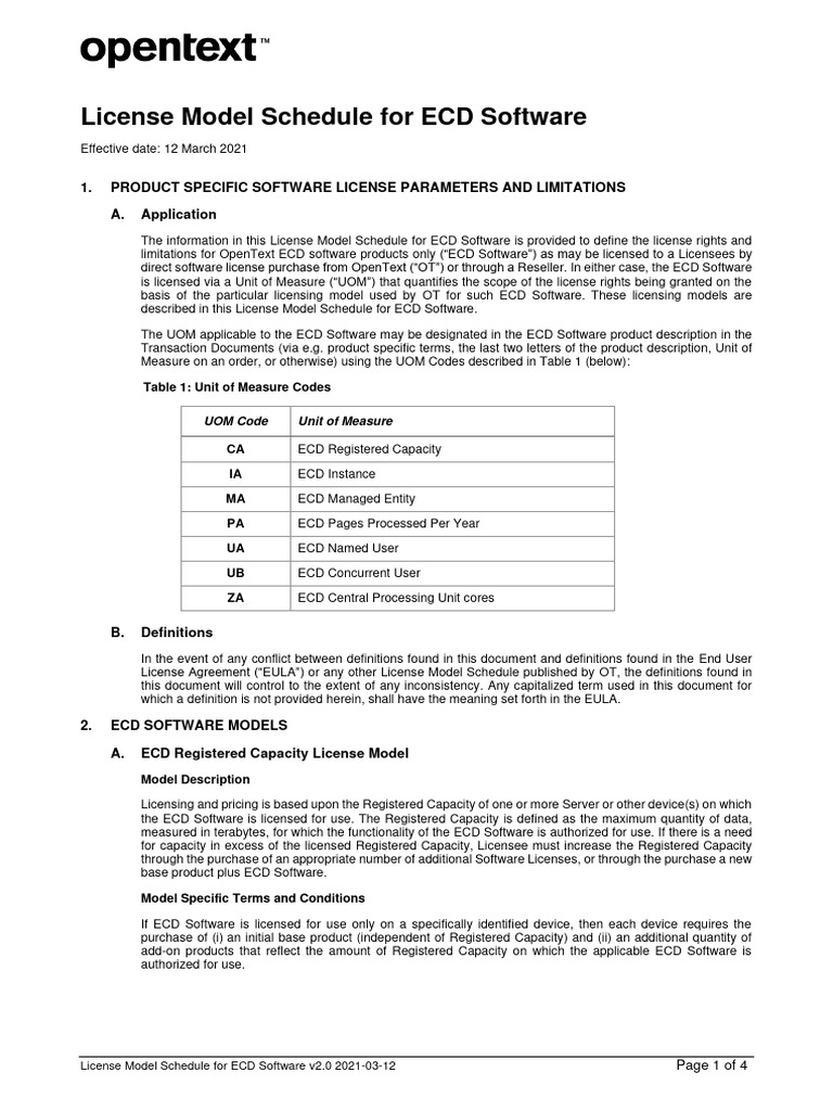 Opentext License Model Schedule For Ecd Software Pdf License Application Software