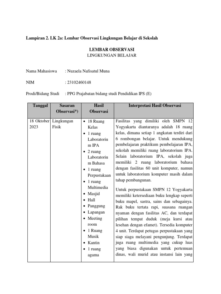 LK-2a Observasi Lingkungan Belajar Siswa | PDF
